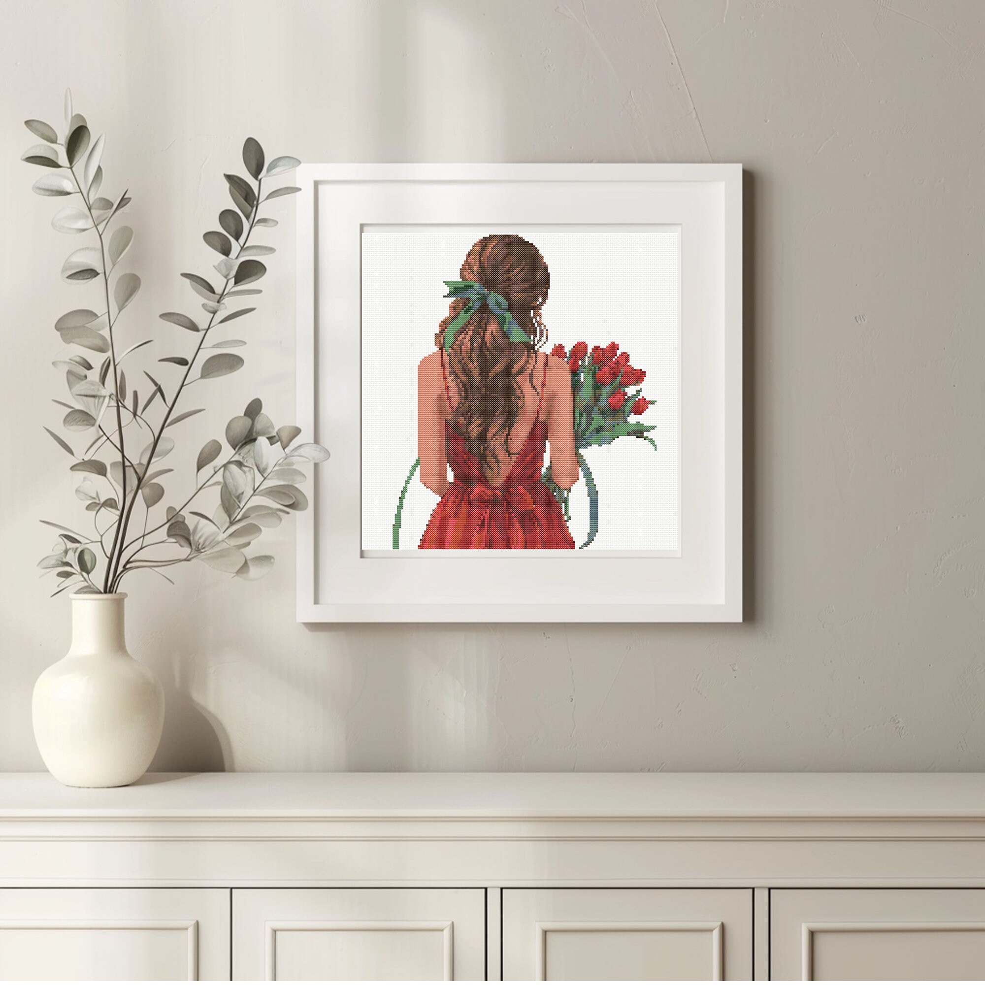 Woman Cross Stitch Pattern Instant PDF Download - Woman in Red Dress ...