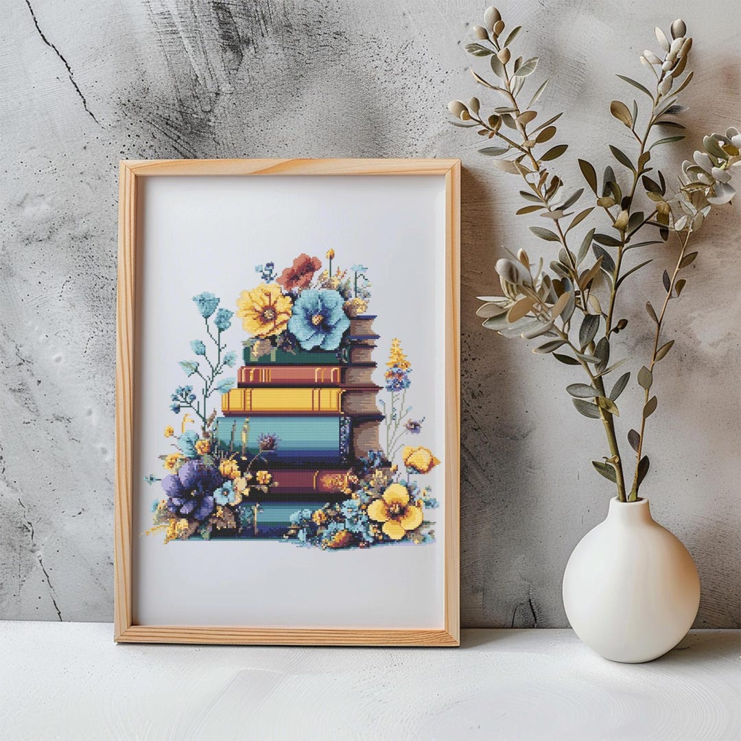Book Cross Stitch Pattern Instant PDF Download - Books and Wildflowers ...