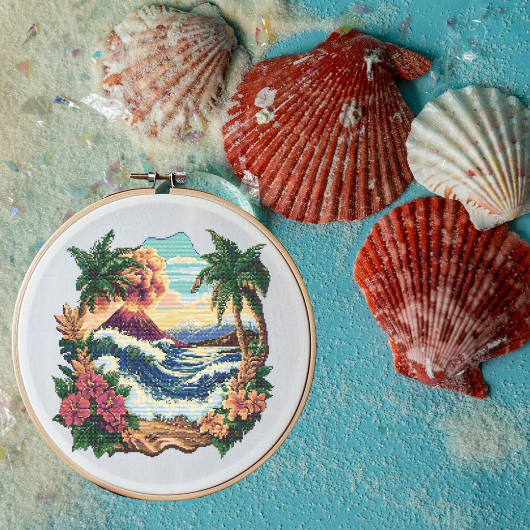 Volcano Cross Stitch Pattern Instant PDF Download - Volcano and Palm ...