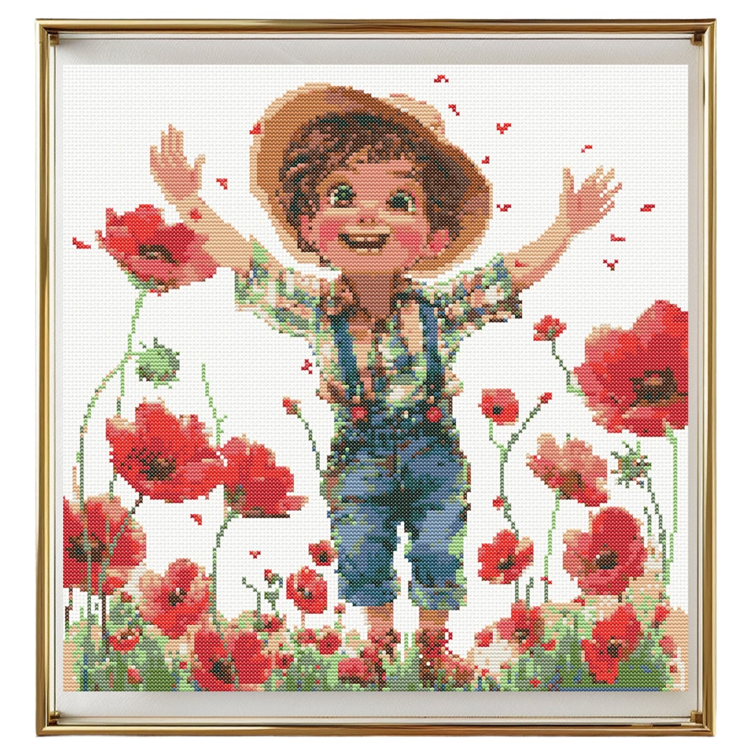 Boy Cross Stitch Pattern Instant PDF Download - Boy and Poppies ...