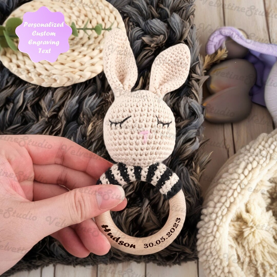 Cute Rabbit Baby Shower Personalized Rattle, Engraved Name Newborn Gift ...
