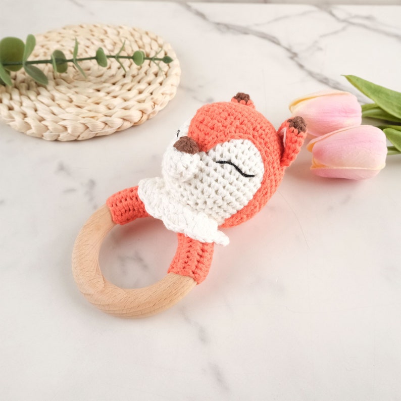 Custom Crochet Fox Wooden Rattle for Baby, Engraved Name Baby Gift ...