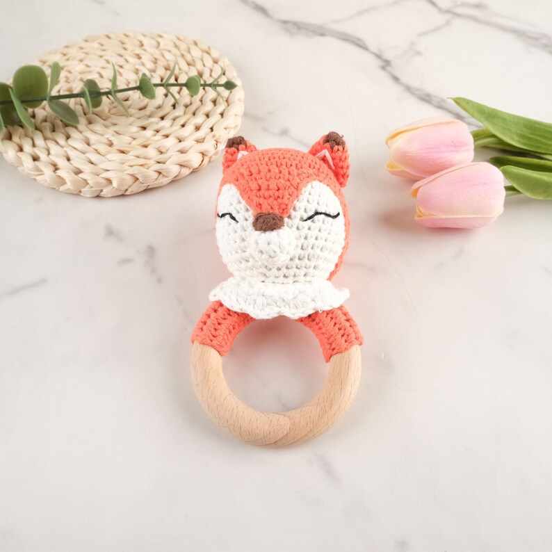 Custom Crochet Fox Wooden Rattle for Baby, Engraved Name Baby Gift ...
