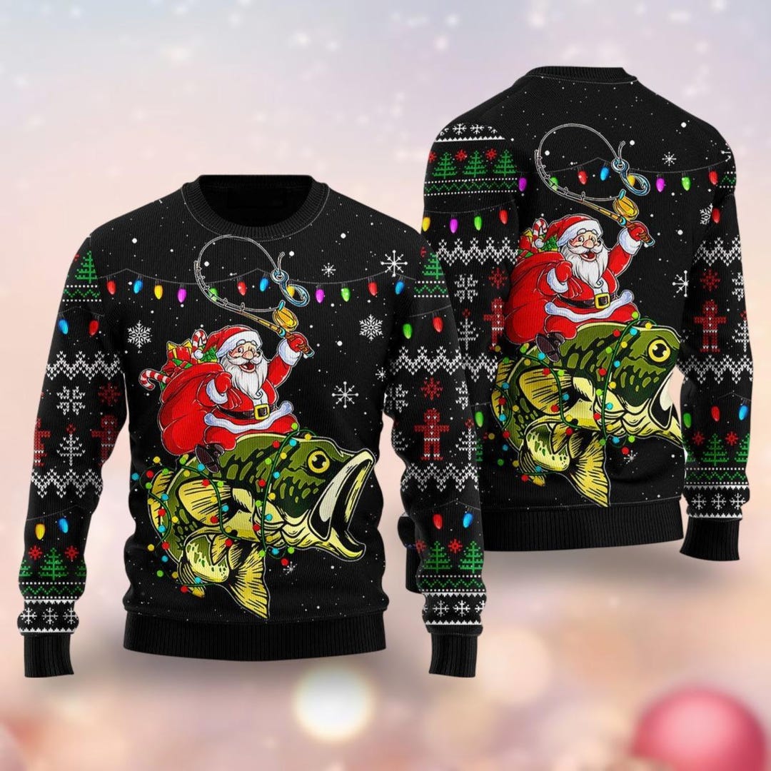 Christmas Santa Riding Bass Fish Ugly Sweater, Fish Christmas Sweater ...
