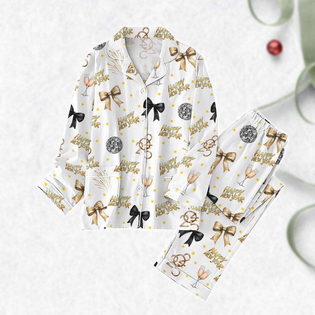 Happy New Year 2025 Pajamas Set, New Year Holiday Pajamas, Bows ...