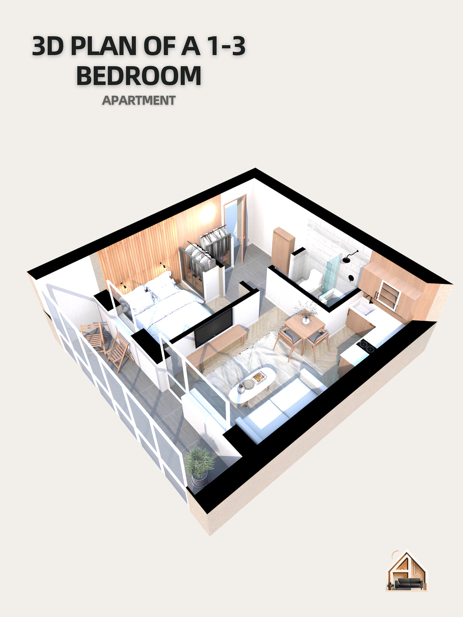 3D Plan of a 1-3 Bedroom Apartament , Custom 3D Design for Real Estate ...