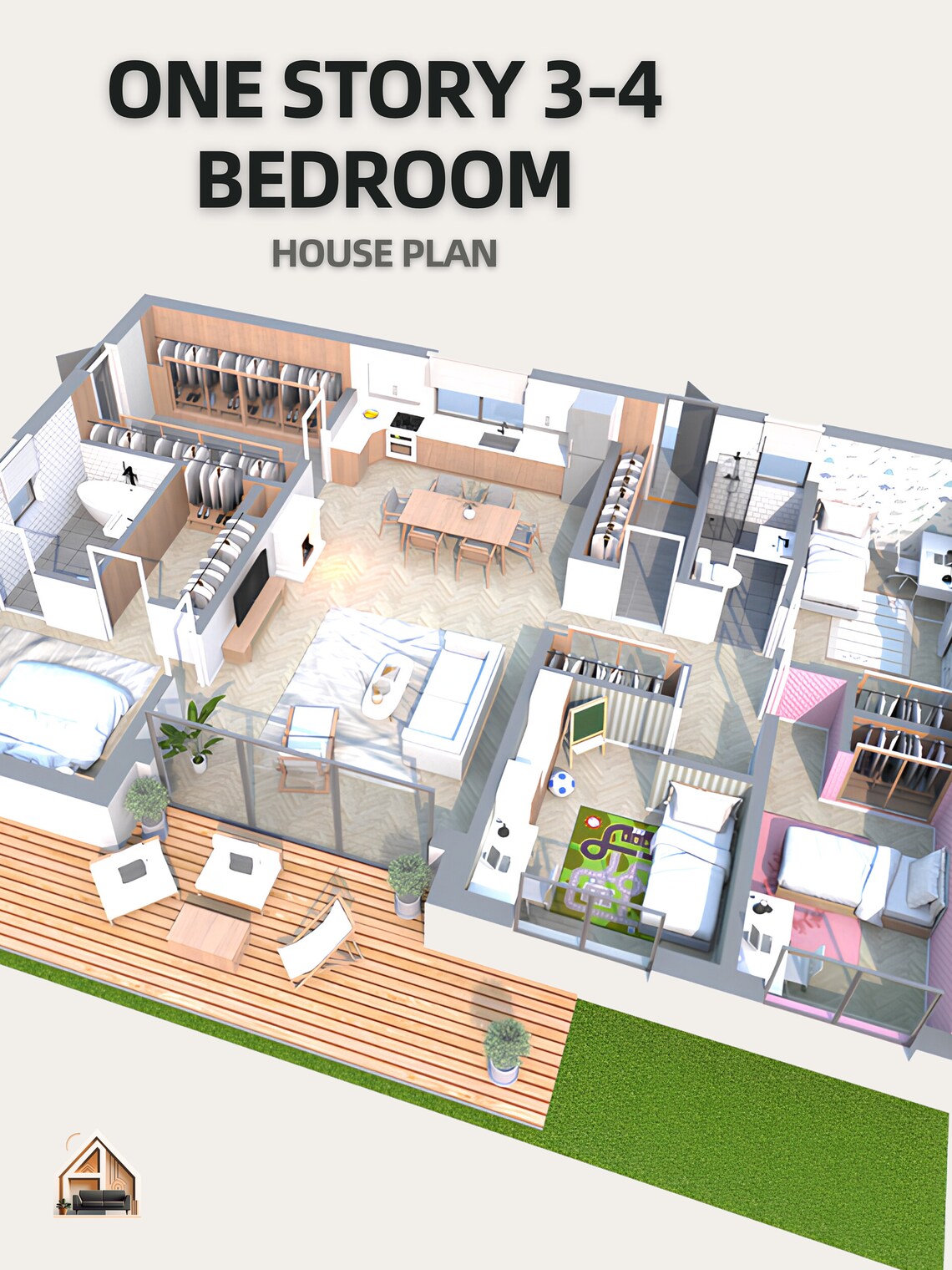 One Story 3-4 Bedroom House Plan Custom 3D Plan Design for Real Estate Brokers Floor Plan 2D to ...