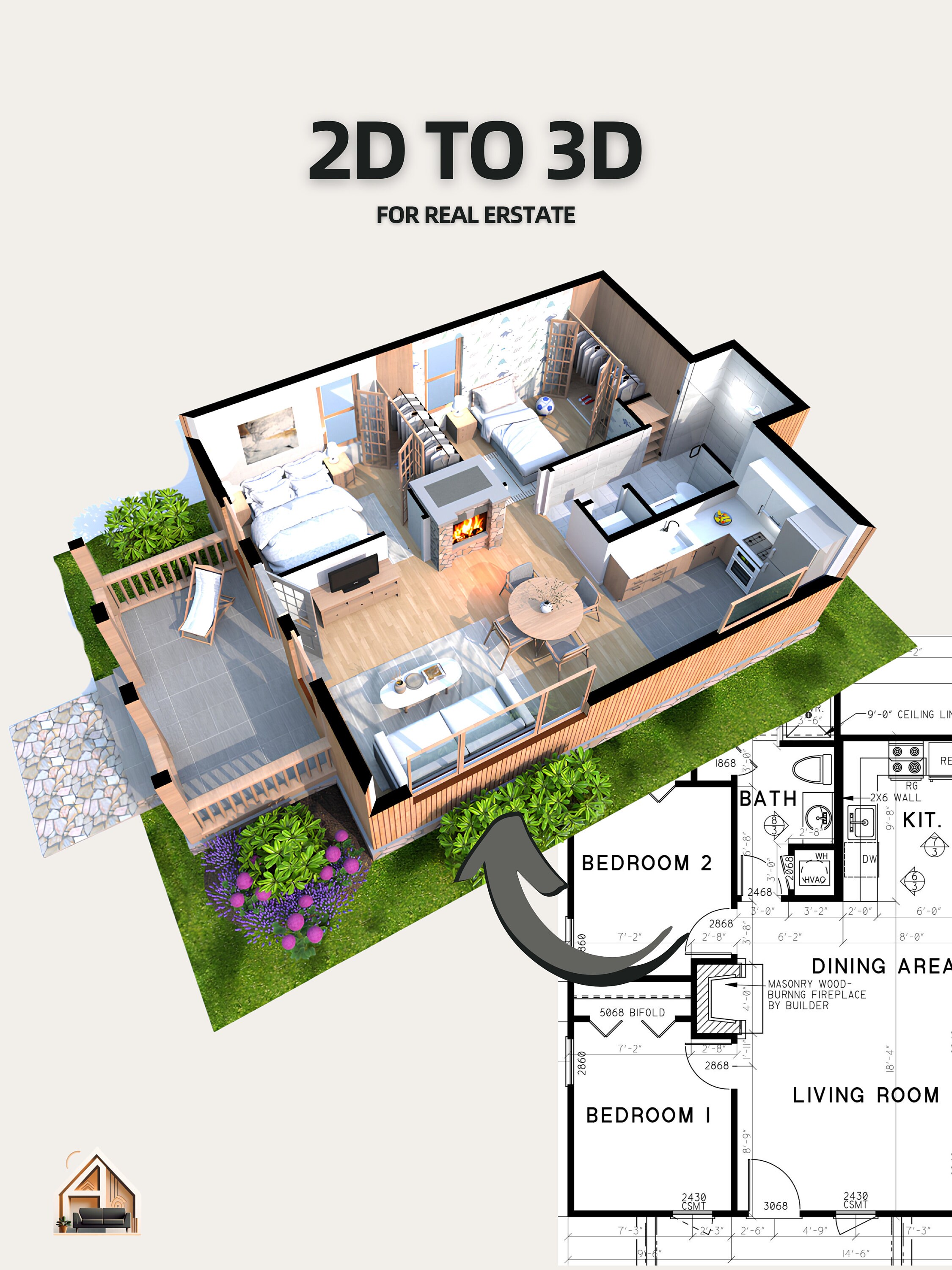 One Story 1-2 Bedroom House Plan Custom 3D Plan Design for Real Estate Brokers Floor Plan 2D to ...