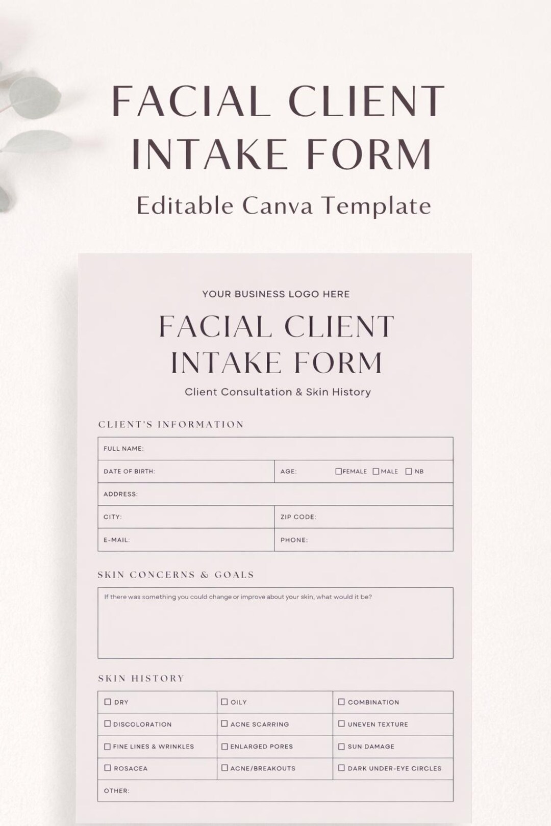 Facial Client Intake Form | Editable Canva Template | Esthetician ...