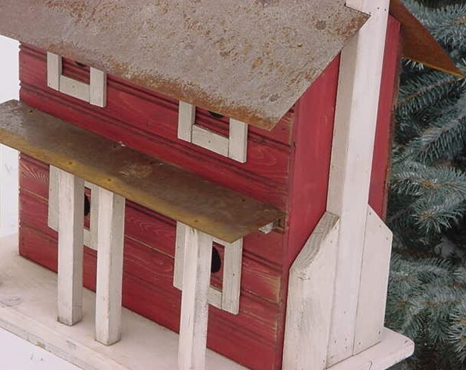 Primitive Rustic Colonial Birdhouse Red With White Pillars Large ...
