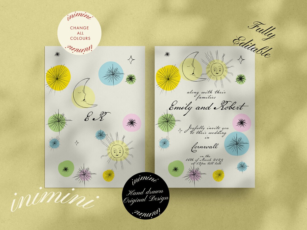 CELESTIAL WEDDING Invitation Template | Handwritten Custom Invite | Sun ...