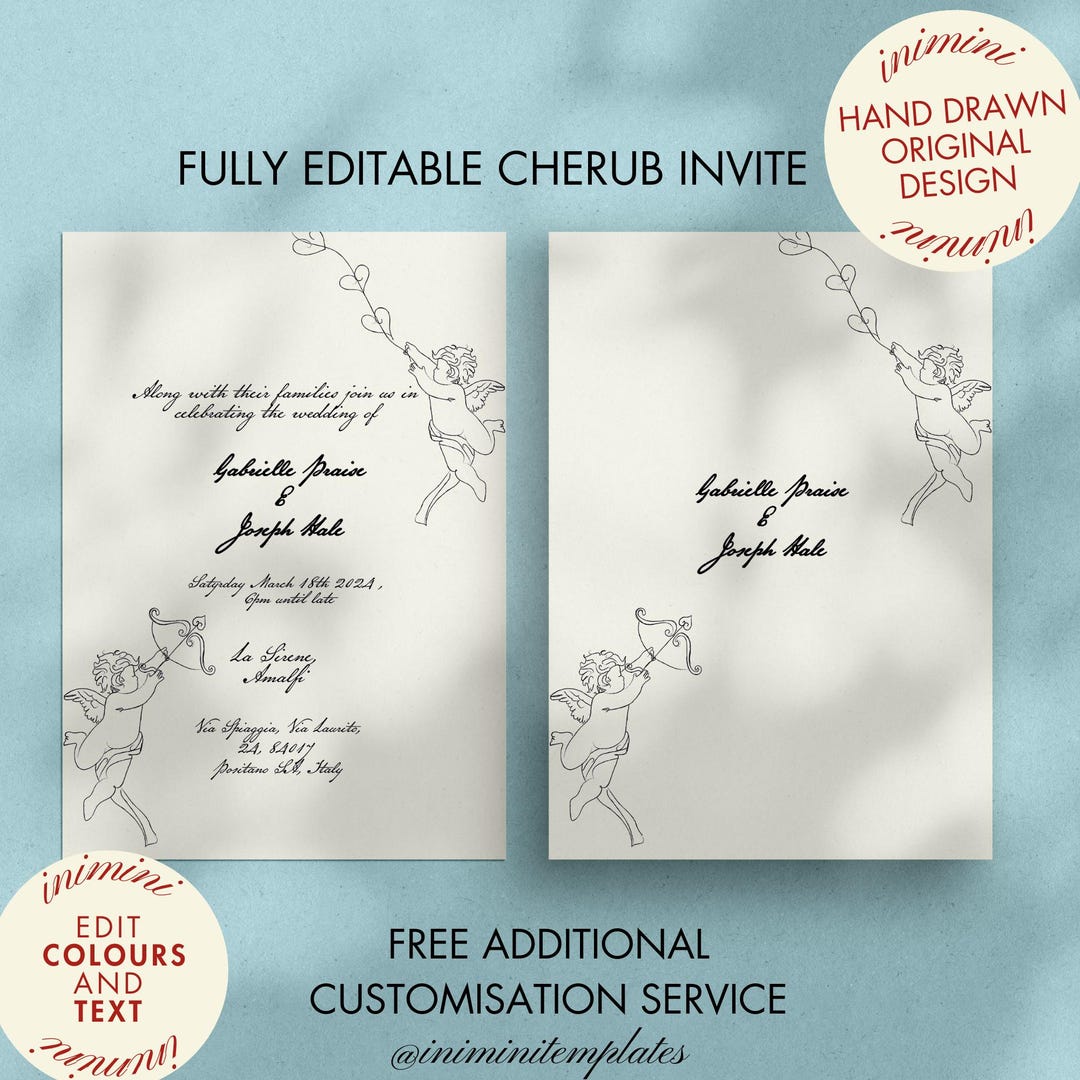 CUPID WEDDING INVITATION Template | Handwritten Cherub Custom Invite ...