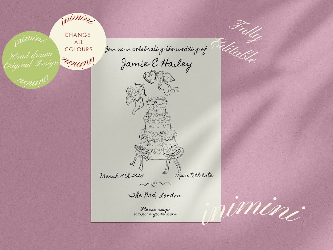 Cherub Wedding Invitation Template Handwritten Custom Invite Whimsical ...