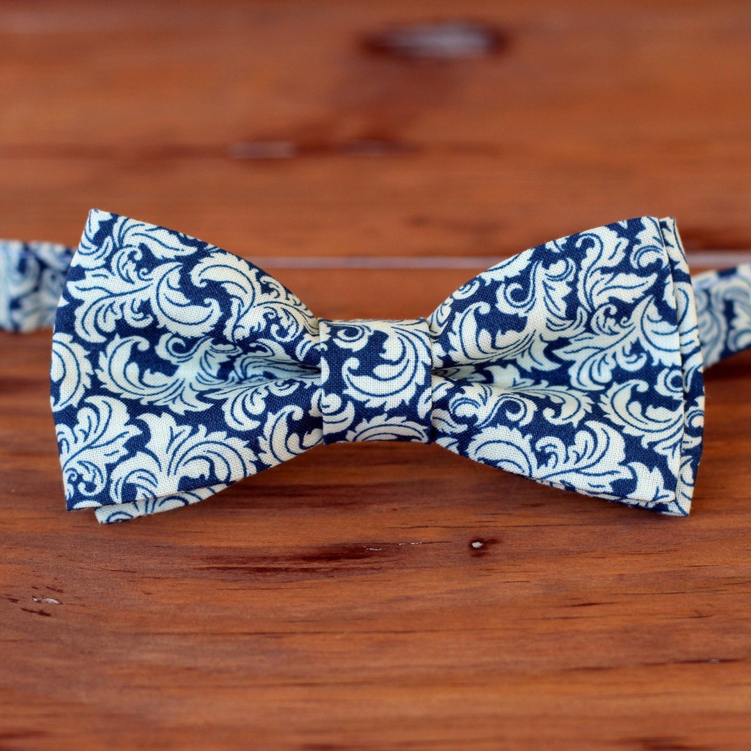 Mens Navy Blue Bow Tie - Blue Cream Mens Floral Bow Tie - Navy Blue ...