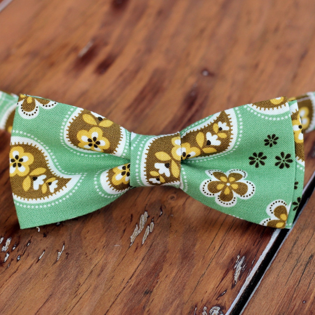 Boys Green Cotton Paisley Bow Tie - Boy's Brown Gold Paisley on Green ...