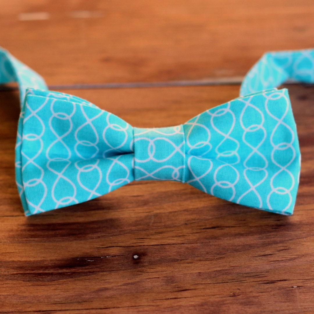 Boys Bow Tie - White Infinity Print Turquoise Blue Woven Cotton Bowtie ...