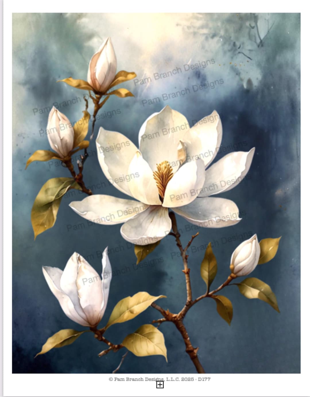 Magnolia Rice Paper for Decoupage: Cream White Floral, Blue Background ...