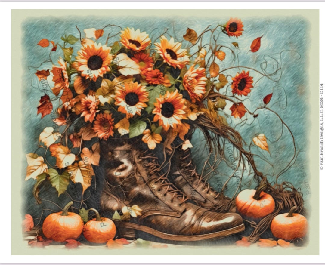 Decoupage Rice Paper, Vintage Boot With Bouquet of Fall Flowers and ...