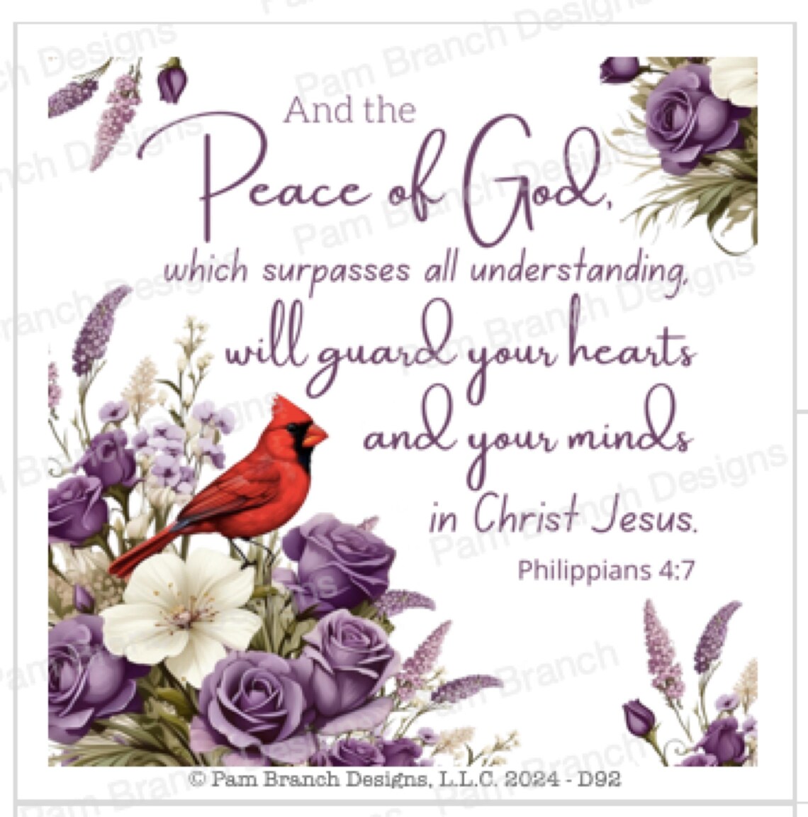 Decoupage Rice Paper, Cardinal in Purple Flowers With the Bible Verse ...