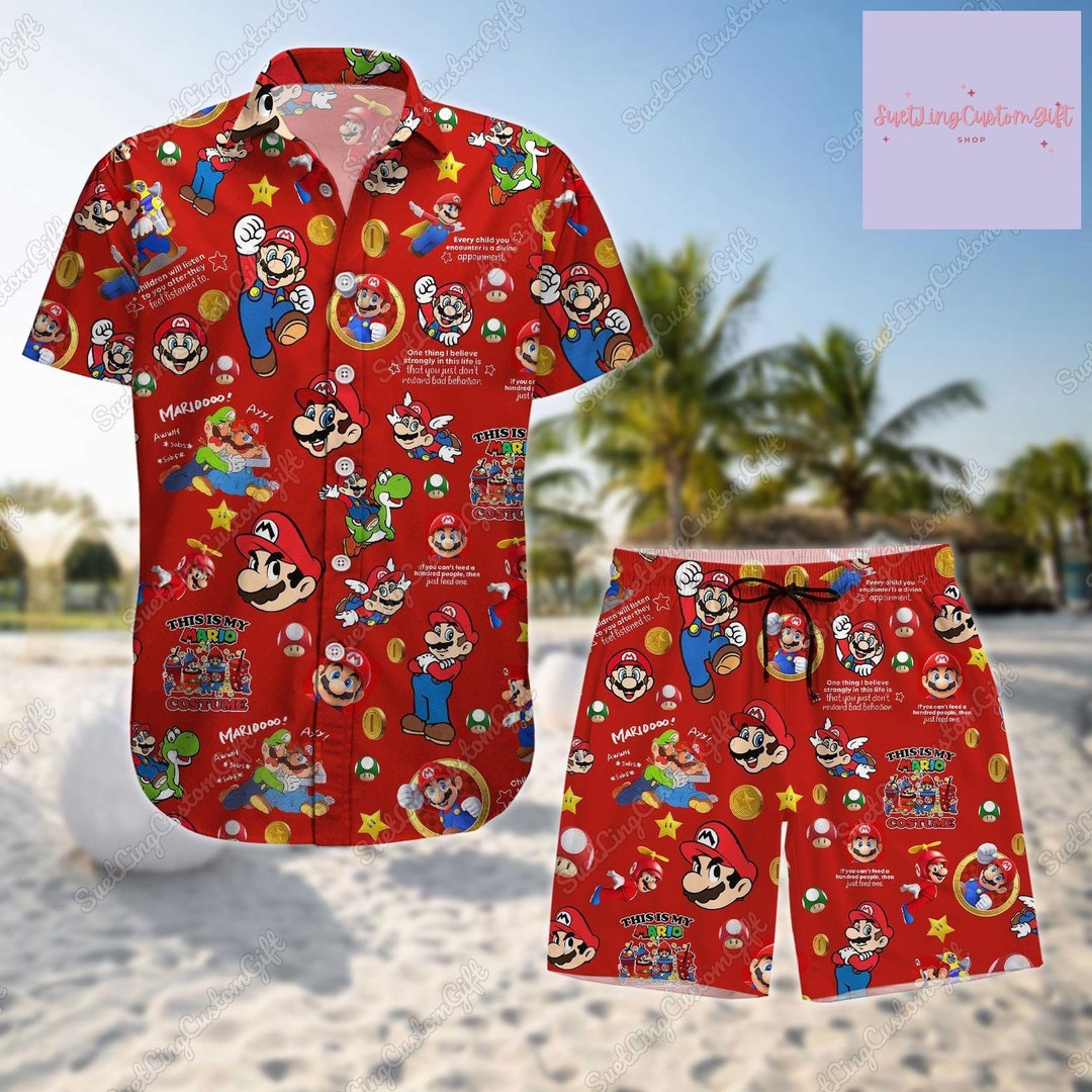 Super Mario Button Shirt and Shorts, Super Mario Hawaiian Shirt, Super ...