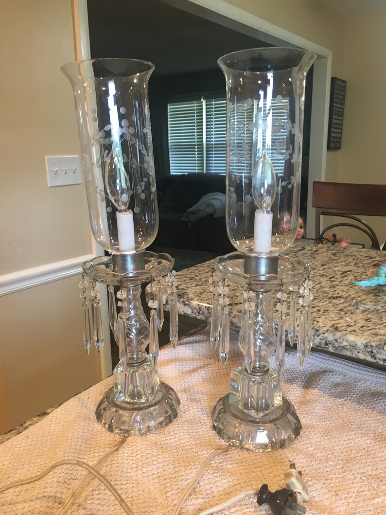 Pair Vintage 1940's Heavy Etched Glass Electric Hurricane Table, Buffet ...