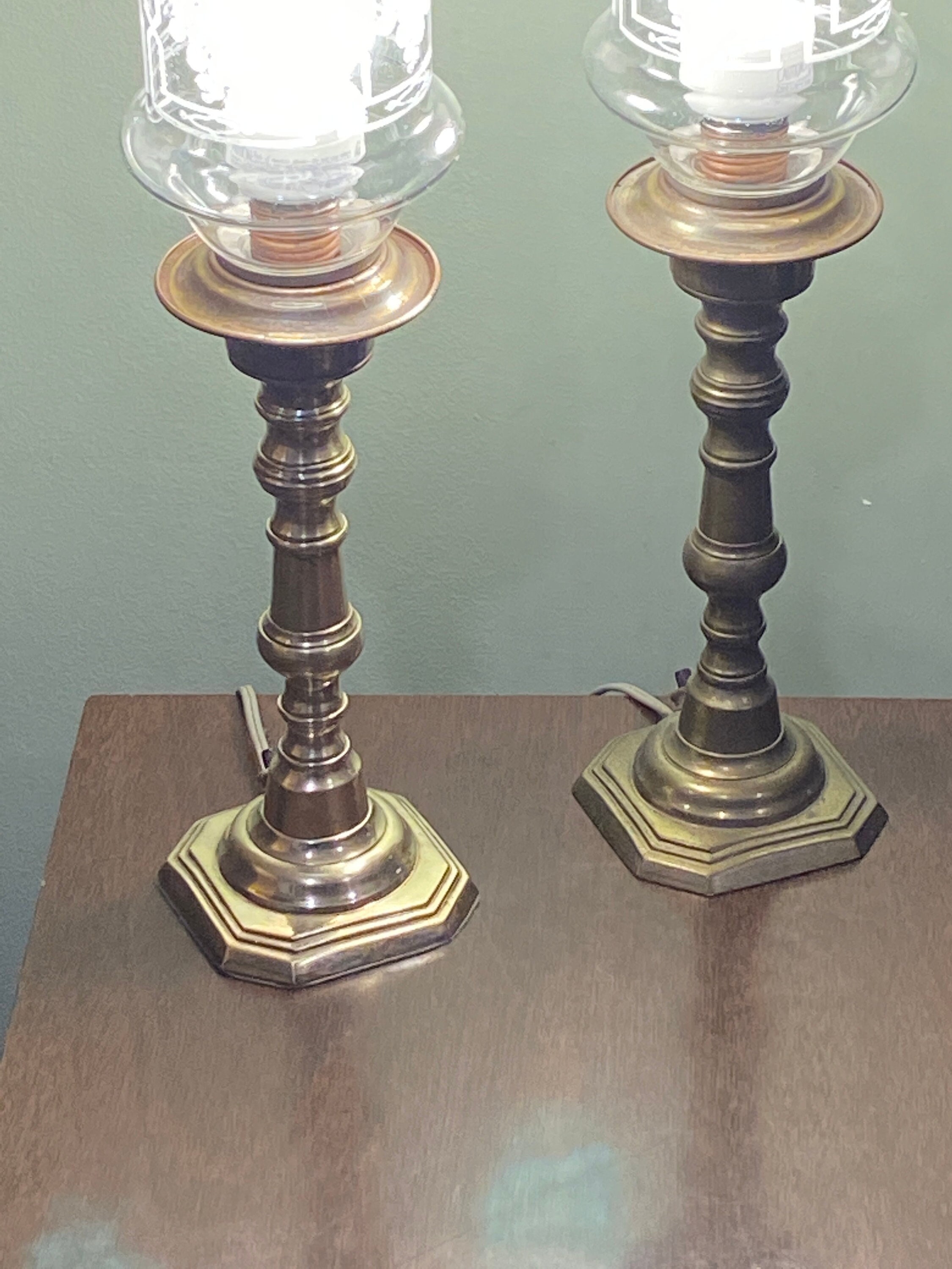 Vintage Antique Pair Heavy Brass Lamps Hurricane Boudoir Crystal ...
