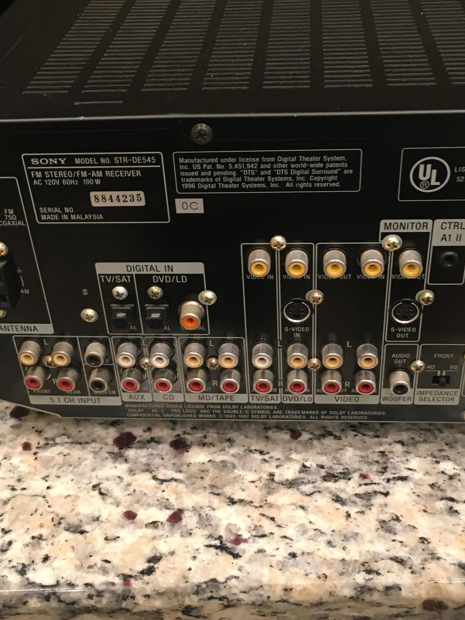 SONY A/V RECEIVER STR-DE545 5.1 Channel Surround Sound Receiver Am Fm ...