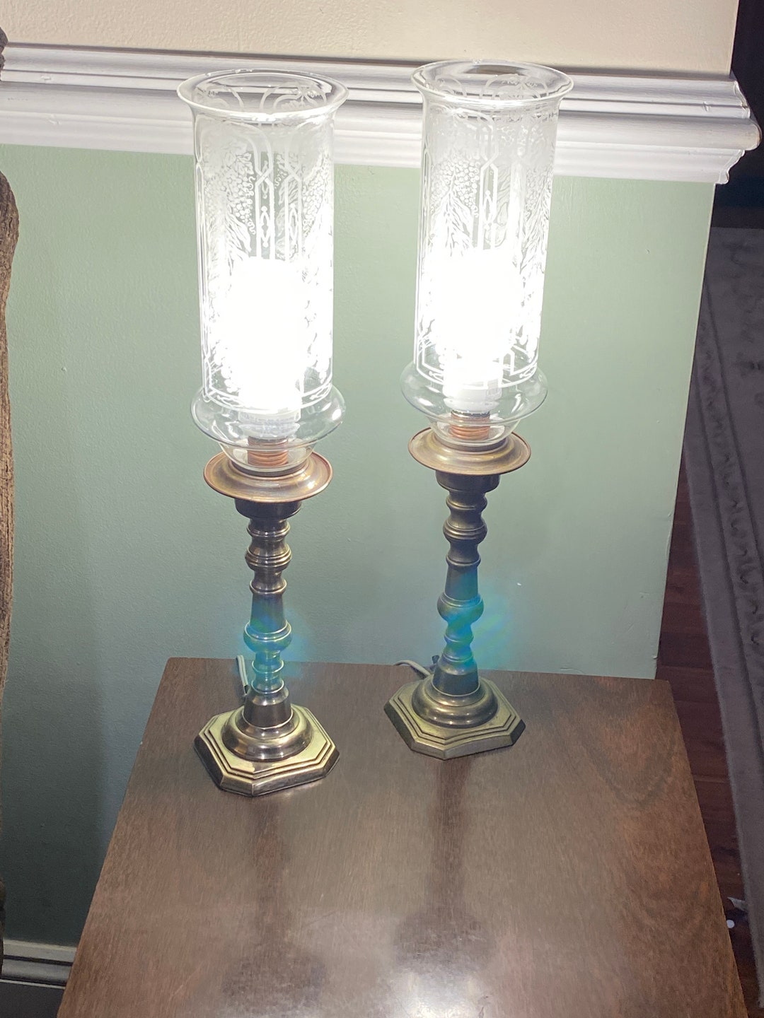 Vintage Antique Pair Heavy Brass Lamps Hurricane Boudoir Crystal ...