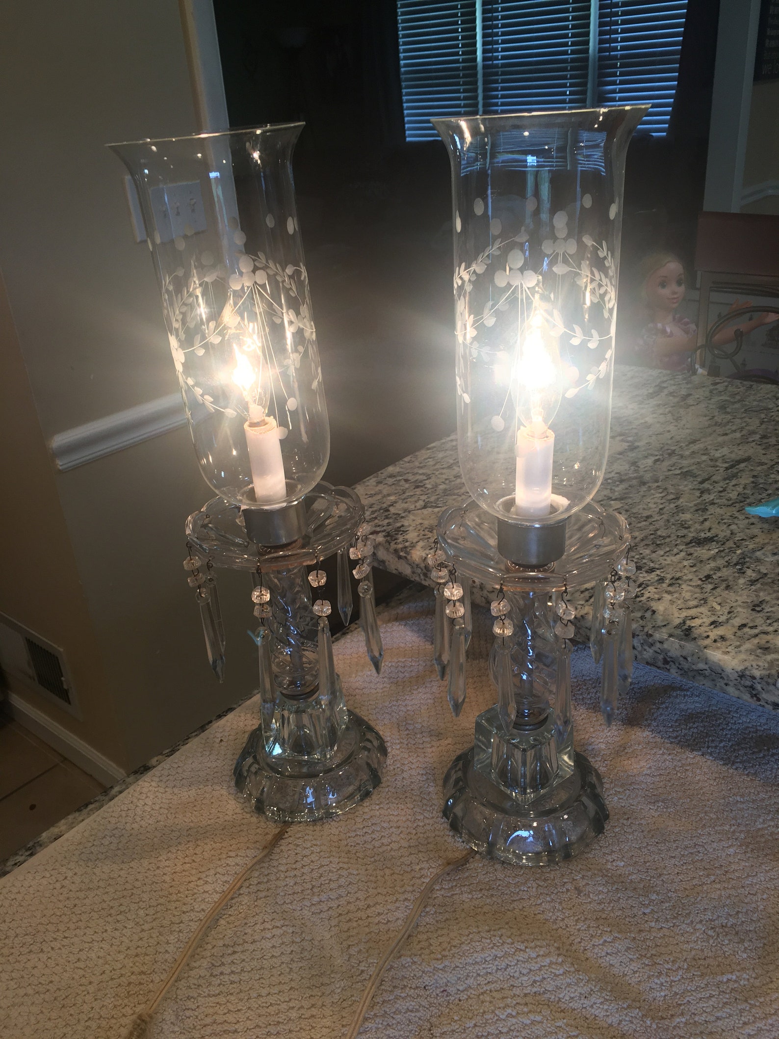 Pair Vintage 1940's Heavy Etched Glass Electric Hurricane Table, Buffet ...