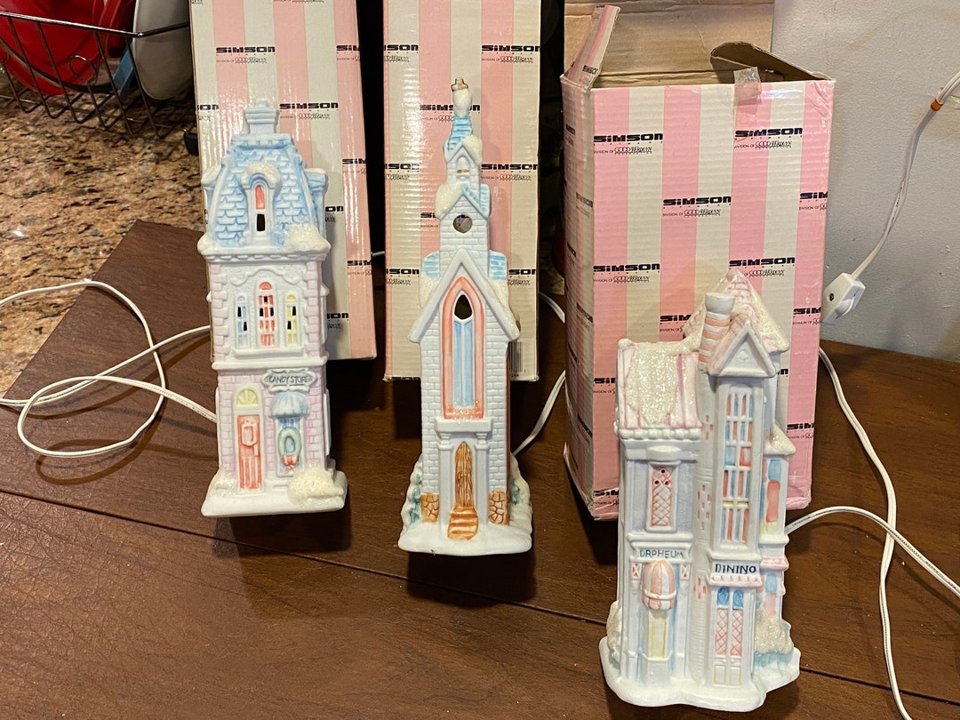 Set of 3 Vintage NIB PORCELAIN Ceramic Lights up Victorian Winter ...