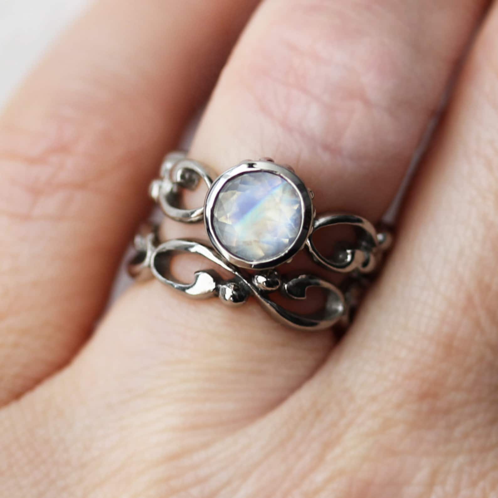 Rainbow Moonstone Engagement Ring Moonstone Ring Gold White Etsy