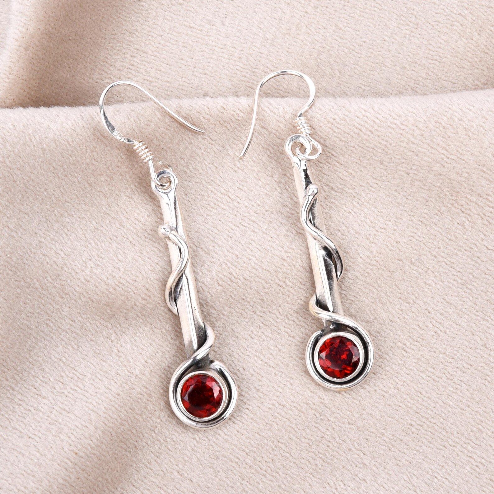 Red Garnet Sterling Silver Drop Earrings | Handmade Vine Design Dangle ...