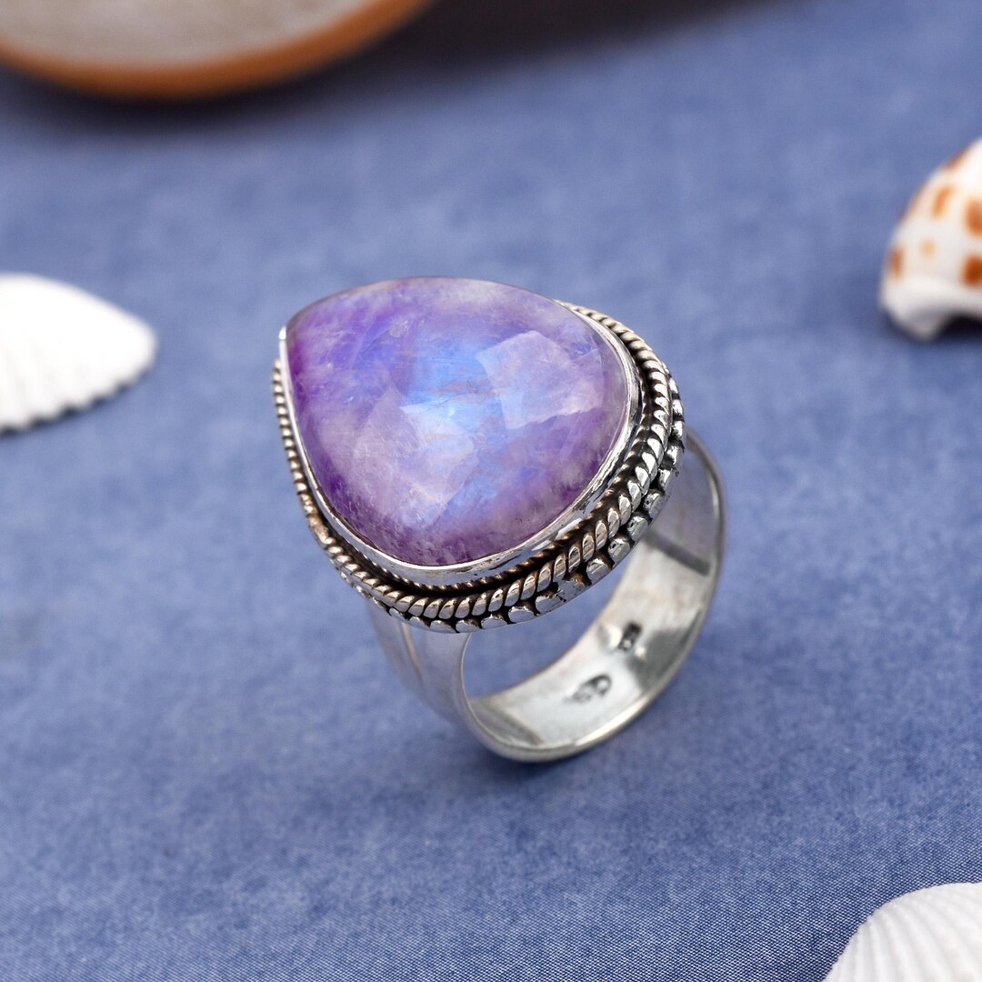 Purple Rainbow Moonstone Ring: Sterling Silver Boho Statement Jewelry ...