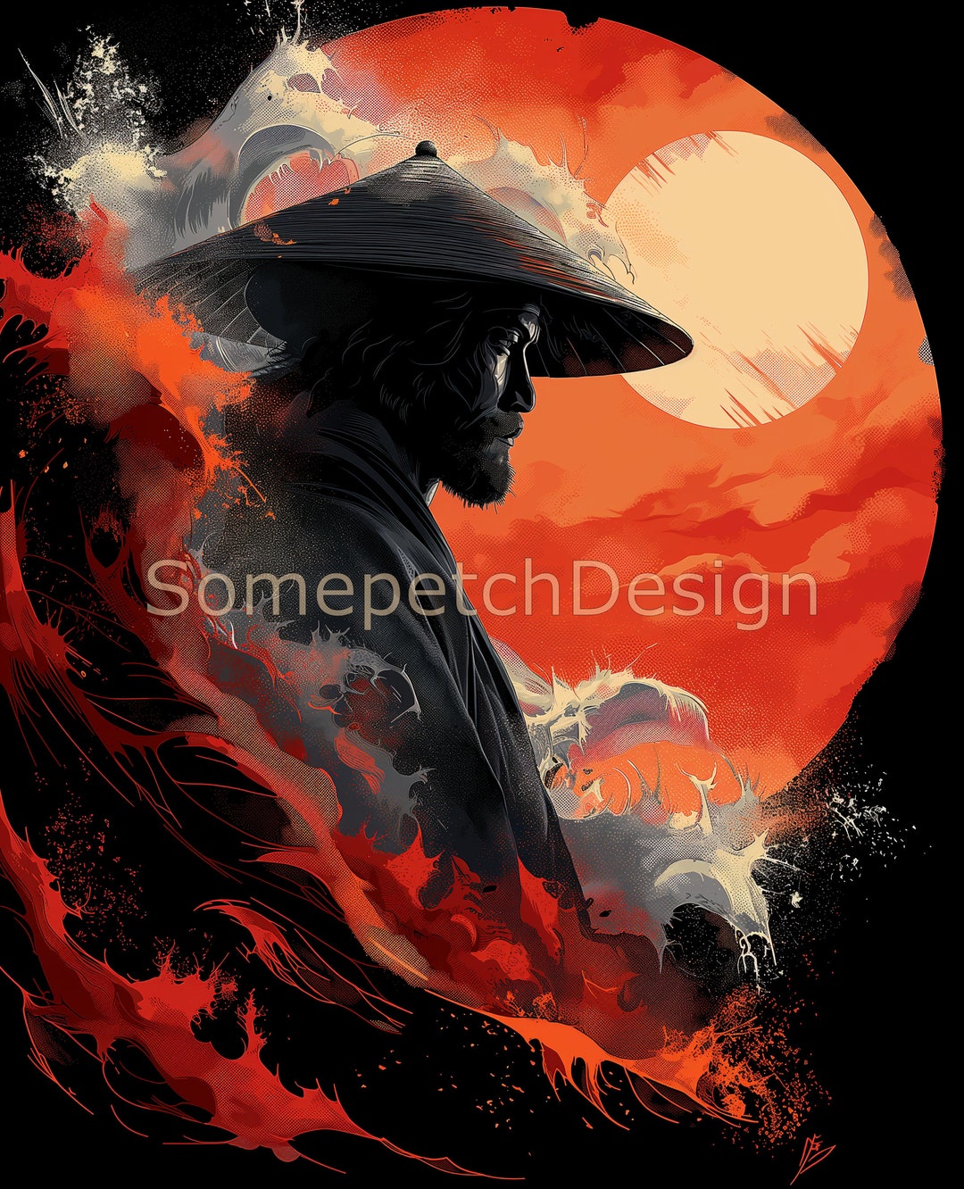 Samurai and Ocean Red Sun Background, Digital Download - Etsy