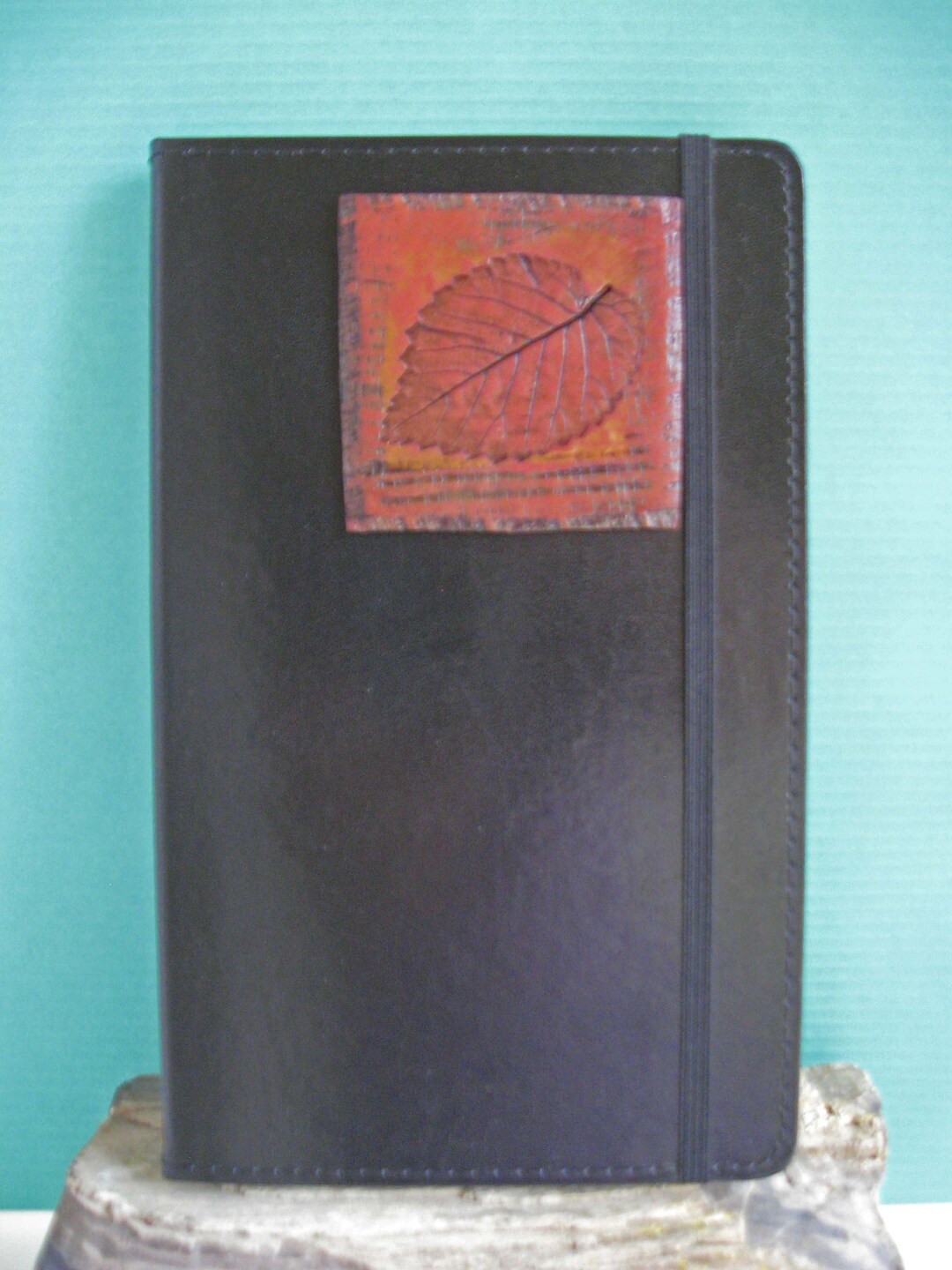 Black Leather Notebook Lined Journal Embellished With Polymer Clay Leaf ...