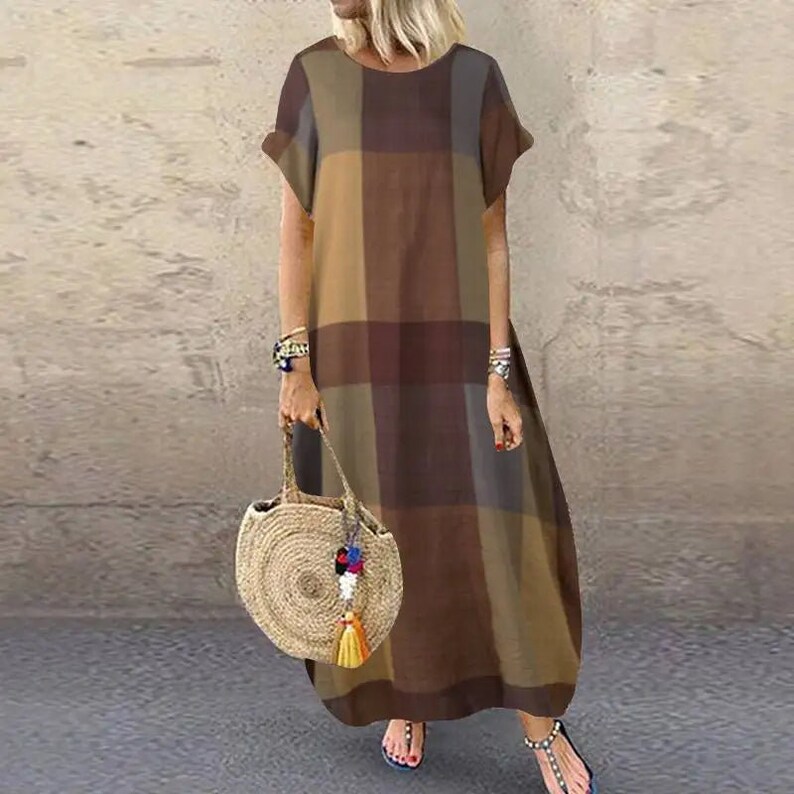Check Maxi Summer Dress Fashionable Baggy Sundress With Casual Short ...