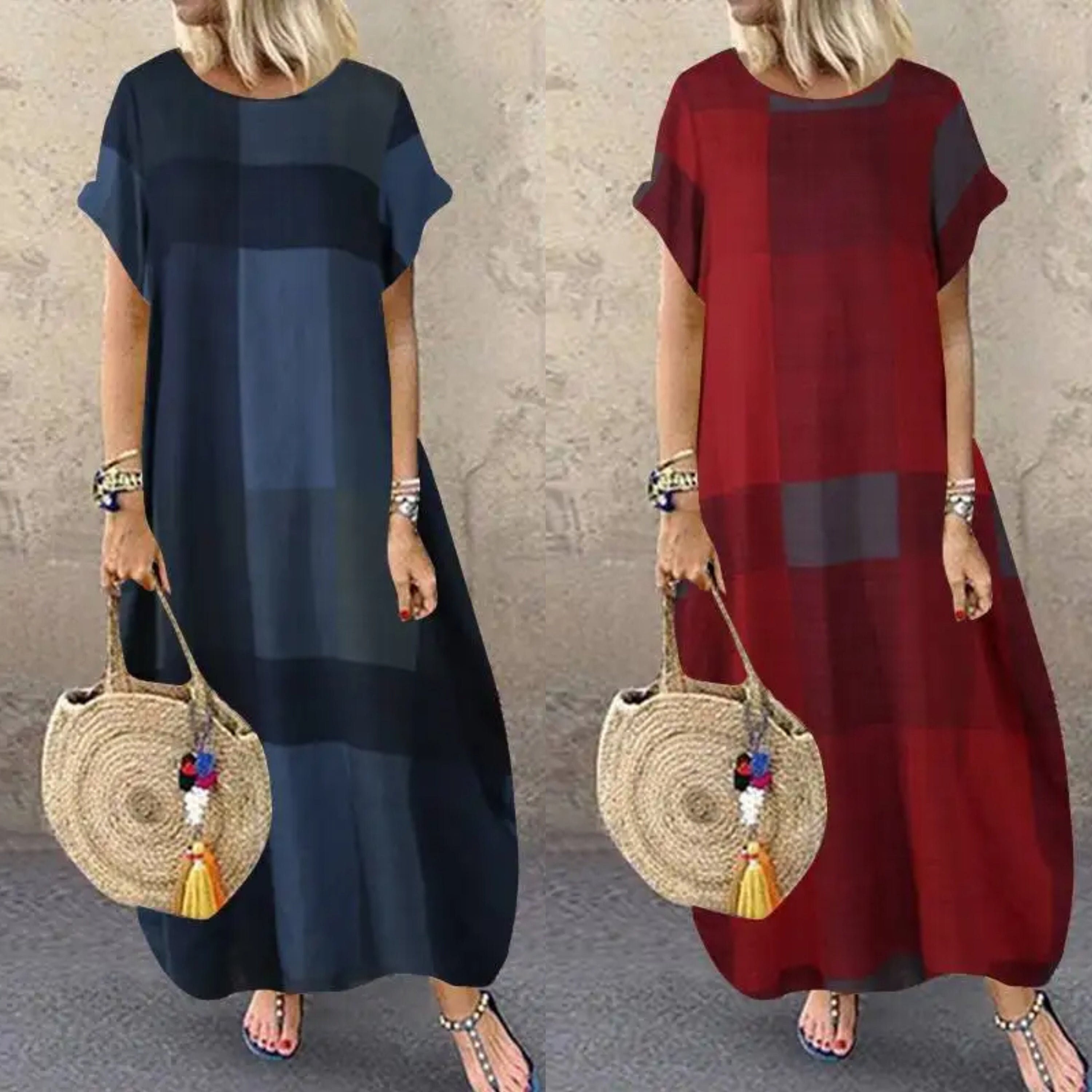 Check Maxi Summer Dress Fashionable Baggy Sundress With Casual Short ...