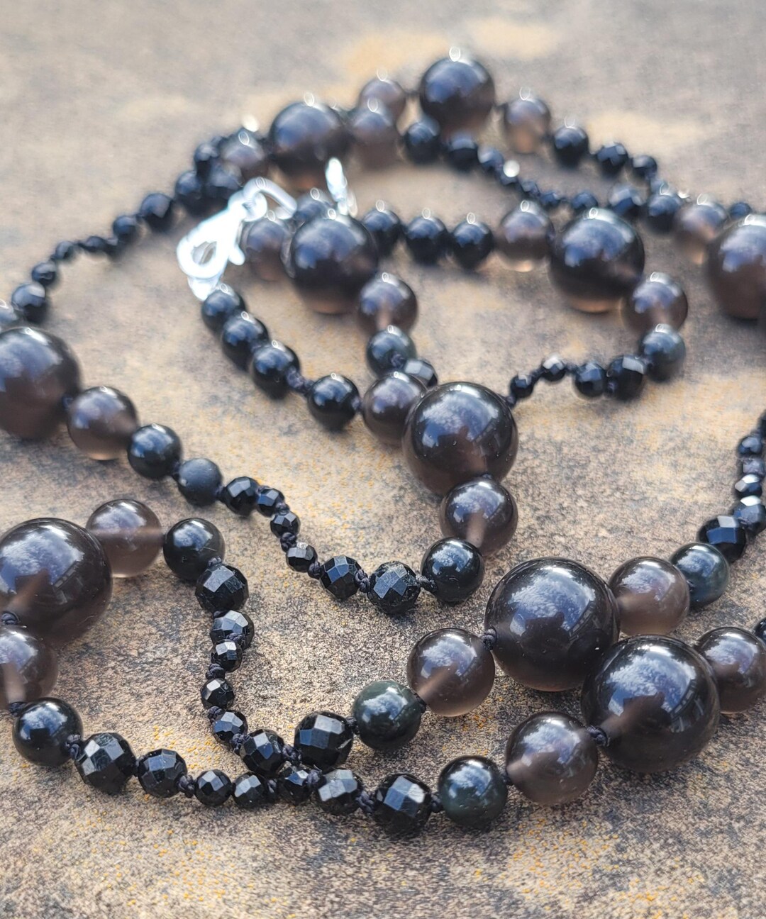 Rainbow Obsidian and Black Tourmaline Graduated Silk Knotted Bead ...