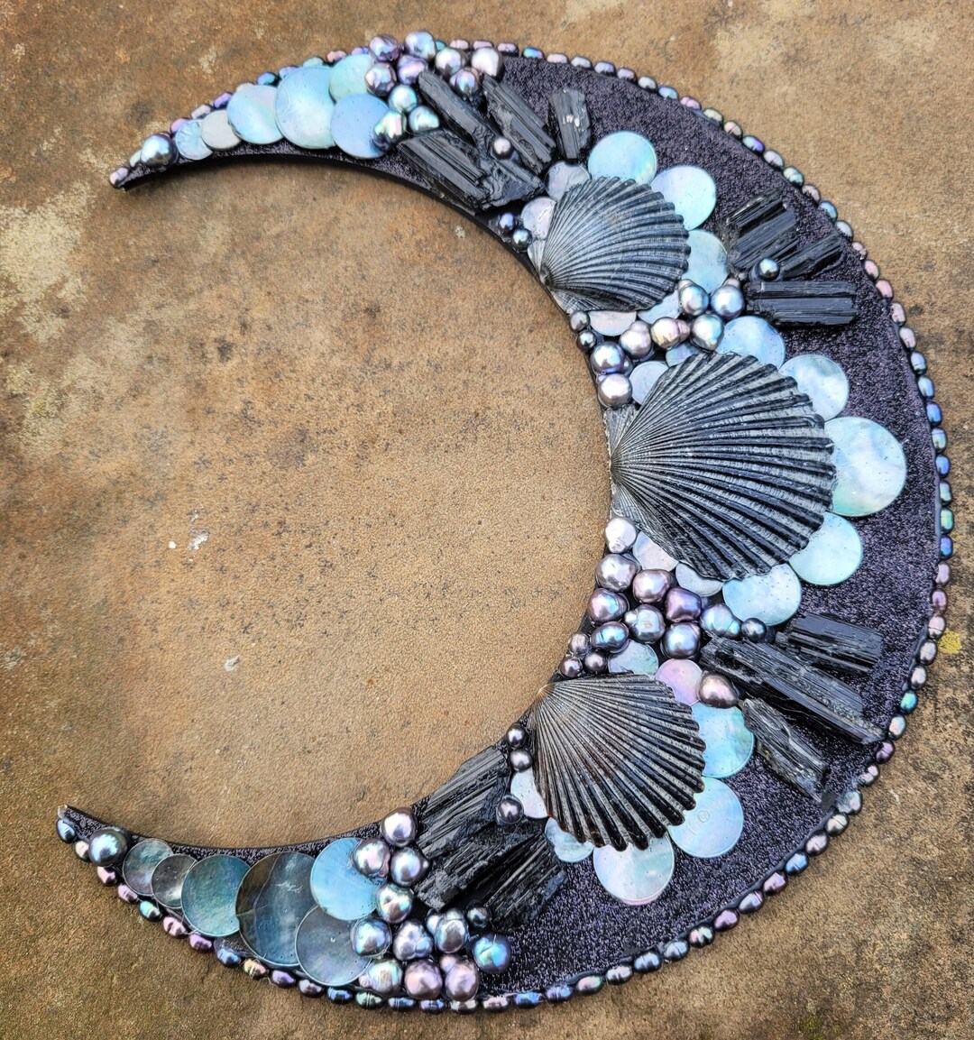 Handmade OOAK Seashell and Mother of Pearl Mosaic Crescent Moon Altar ...