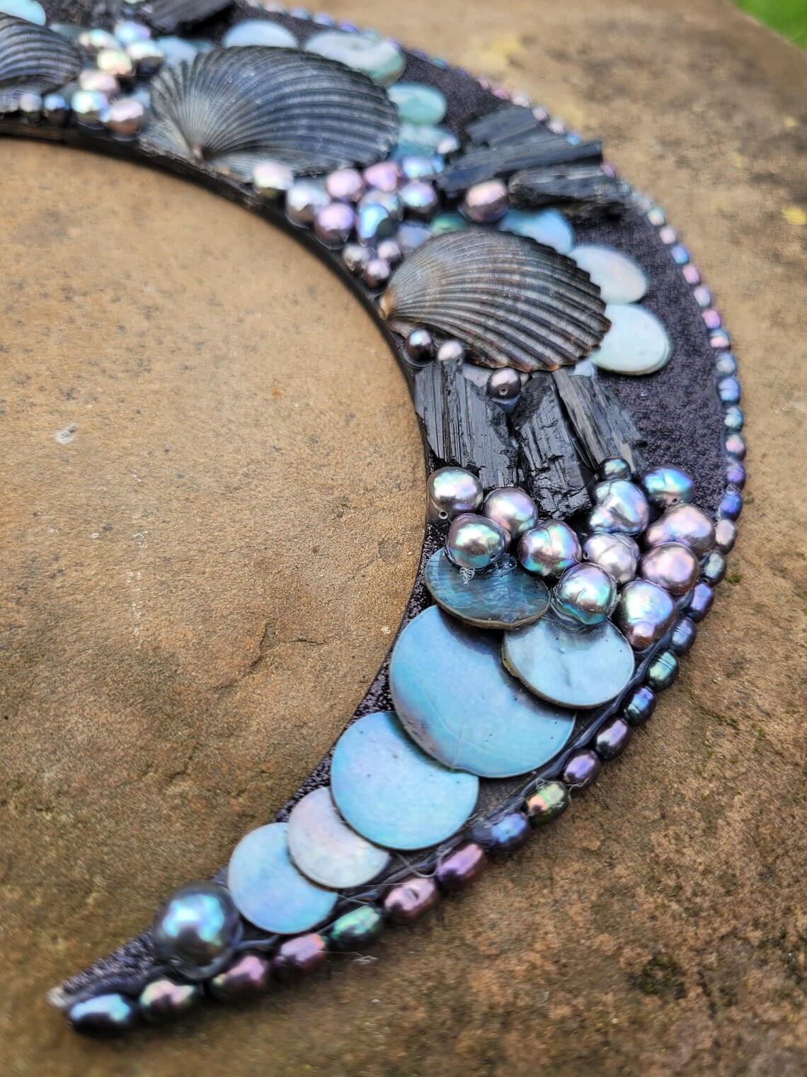Handmade OOAK Seashell and Mother of Pearl Mosaic Crescent Moon Altar ...