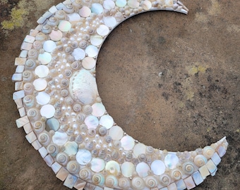 Handmade OOAK Seashell and Mother of Pearl Mosaic Crescent Moon Altar ...