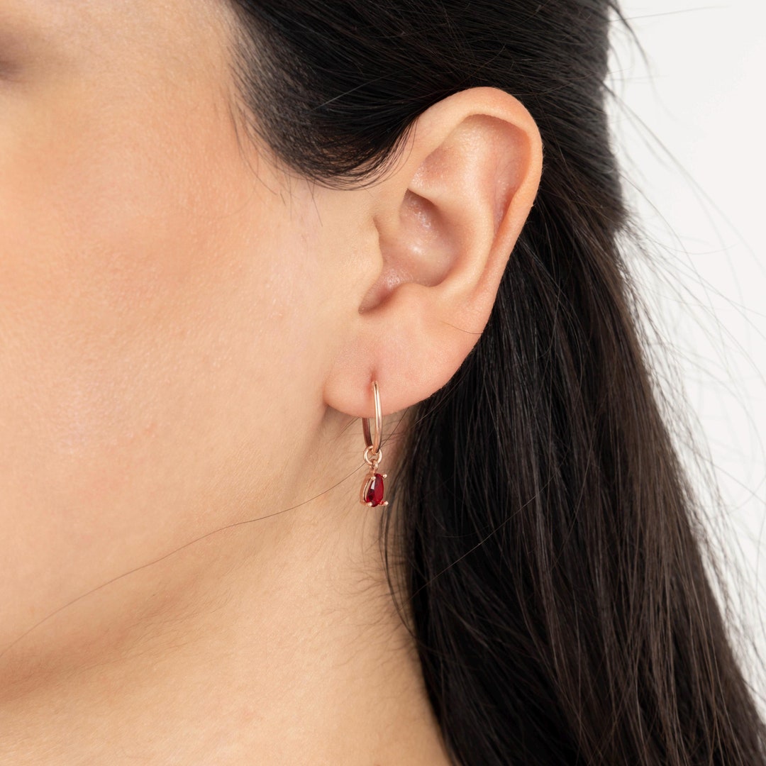 14k Gold Ruby Hoop Earrings, Red Ruby Dangle Drop Earrings, Ruby Huggies Hoop Earrings ...