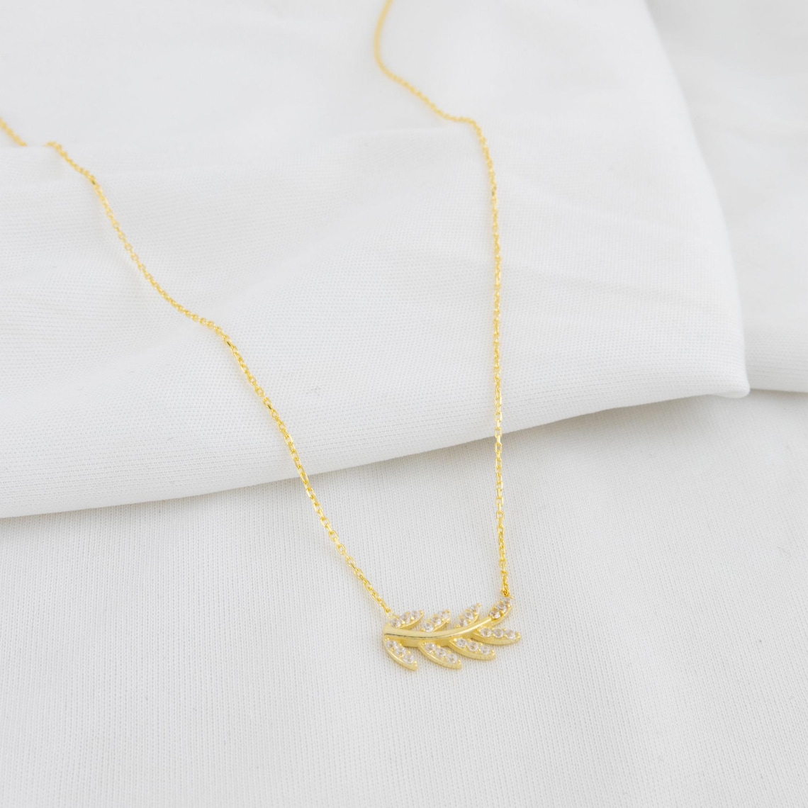 14k Gold Leaf Necklace, Diamond Cluster Necklace, Olive Leaf Vine ...