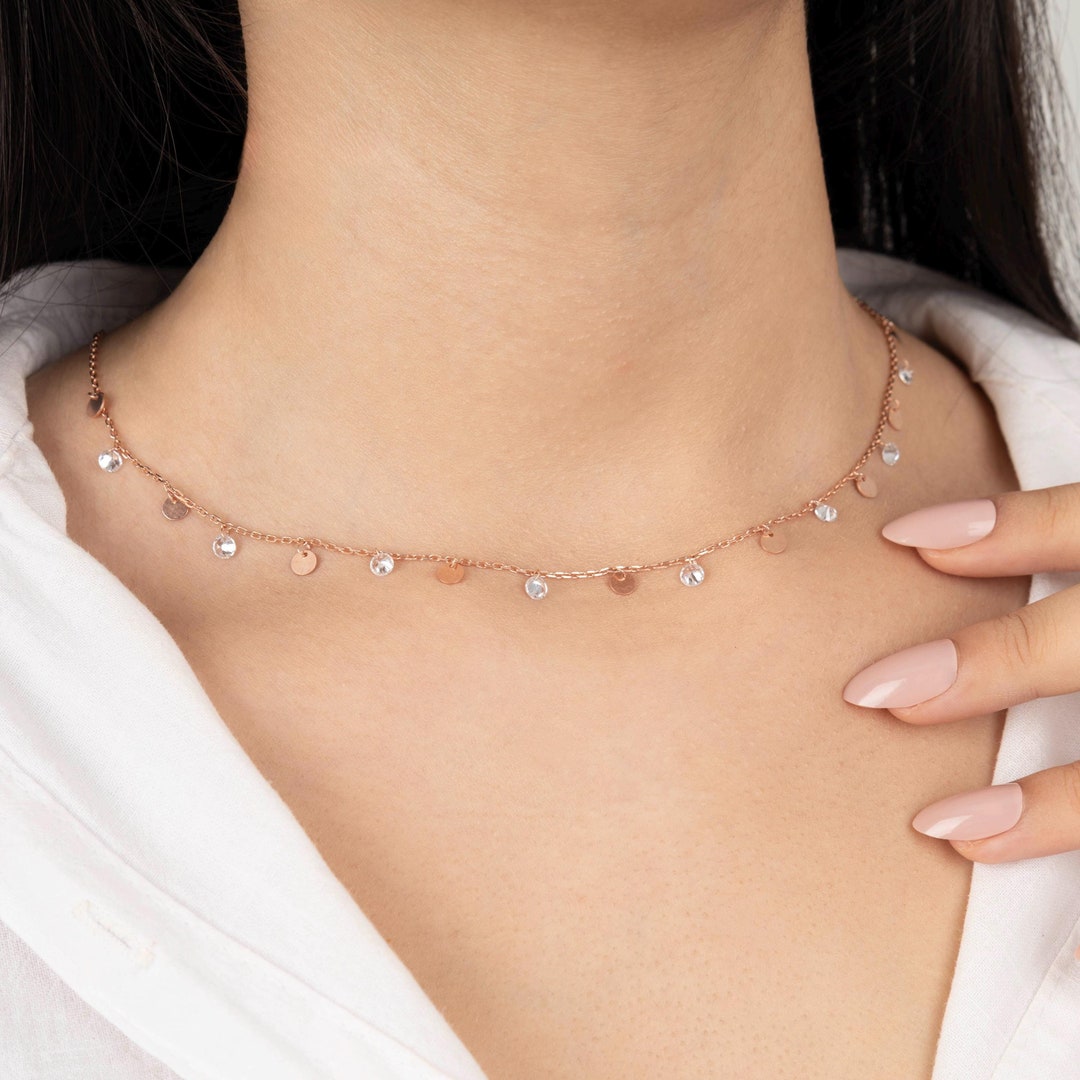 14k Gold Diamond and Disc Station Necklace, Multi Discs Station ...