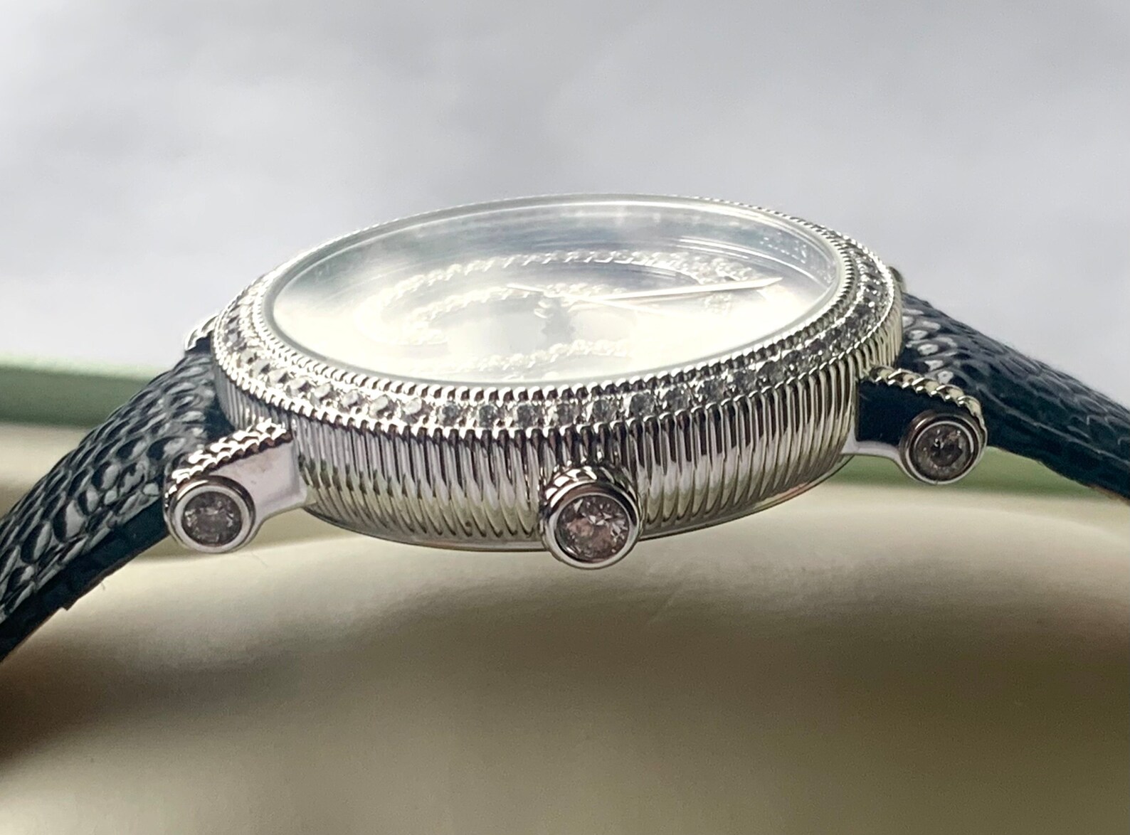 Judith Ripka Aries Zodiac Watch. Mother of Pearl Face. Black Leather ...