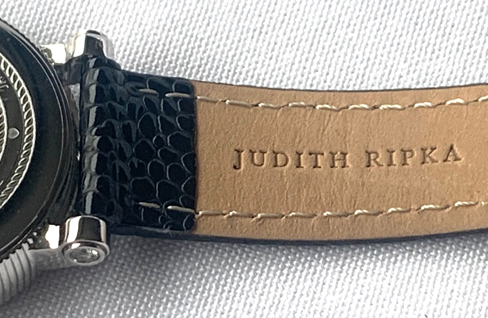 Judith Ripka Aries Zodiac Watch. Mother of Pearl Face. Black Leather ...