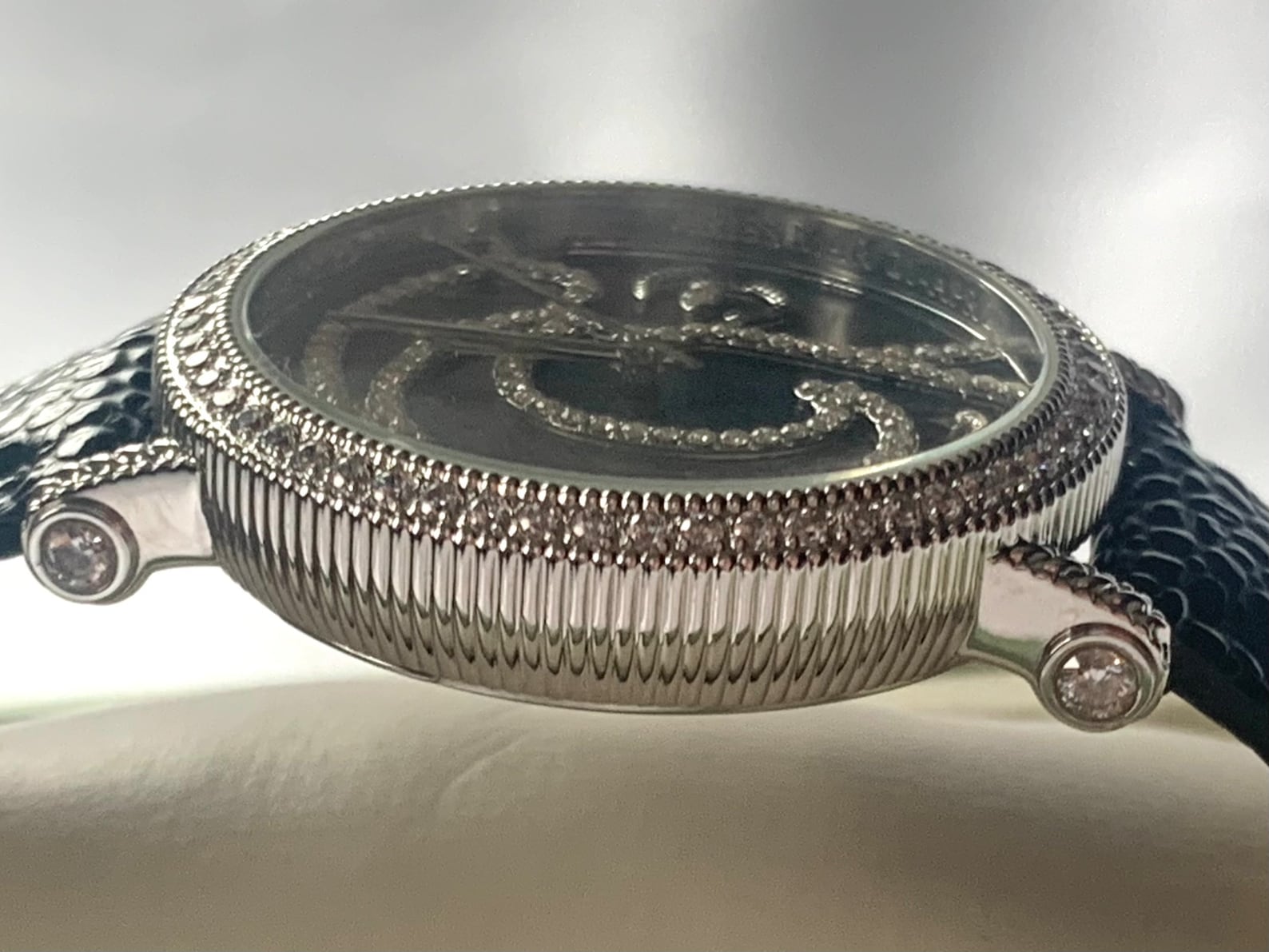 Judith Ripka Aries Zodiac Watch. Mother of Pearl Face. Black Leather ...