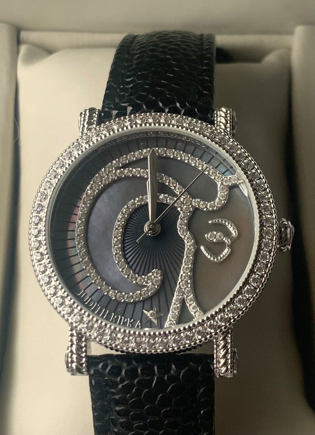 Judith Ripka Aries Zodiac Watch. Mother of Pearl Face. Black Leather ...