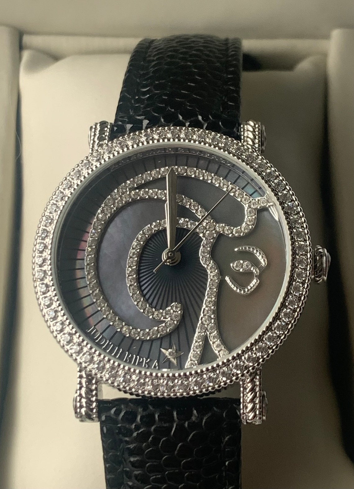 Judith Ripka Aries Zodiac Watch. Mother of Pearl Face. Black Leather ...