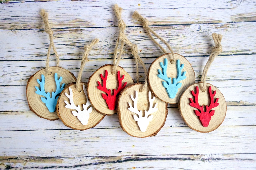 Reindeer Head Log Slice Christmas Ornaments: 3 Natural Wood - Etsy